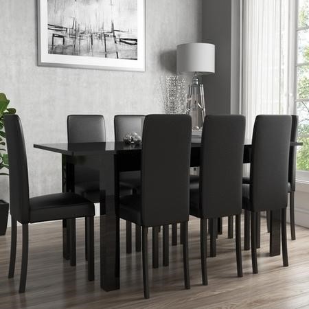 Black Gloss Extending Dining Table and 8 Black Faux Leather Chairs ...