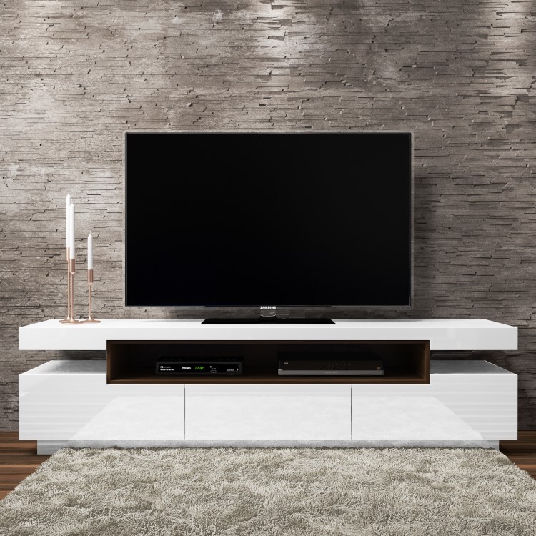 Large White High Gloss TV Unit with Walnut Effect Soundbar Shelf ...