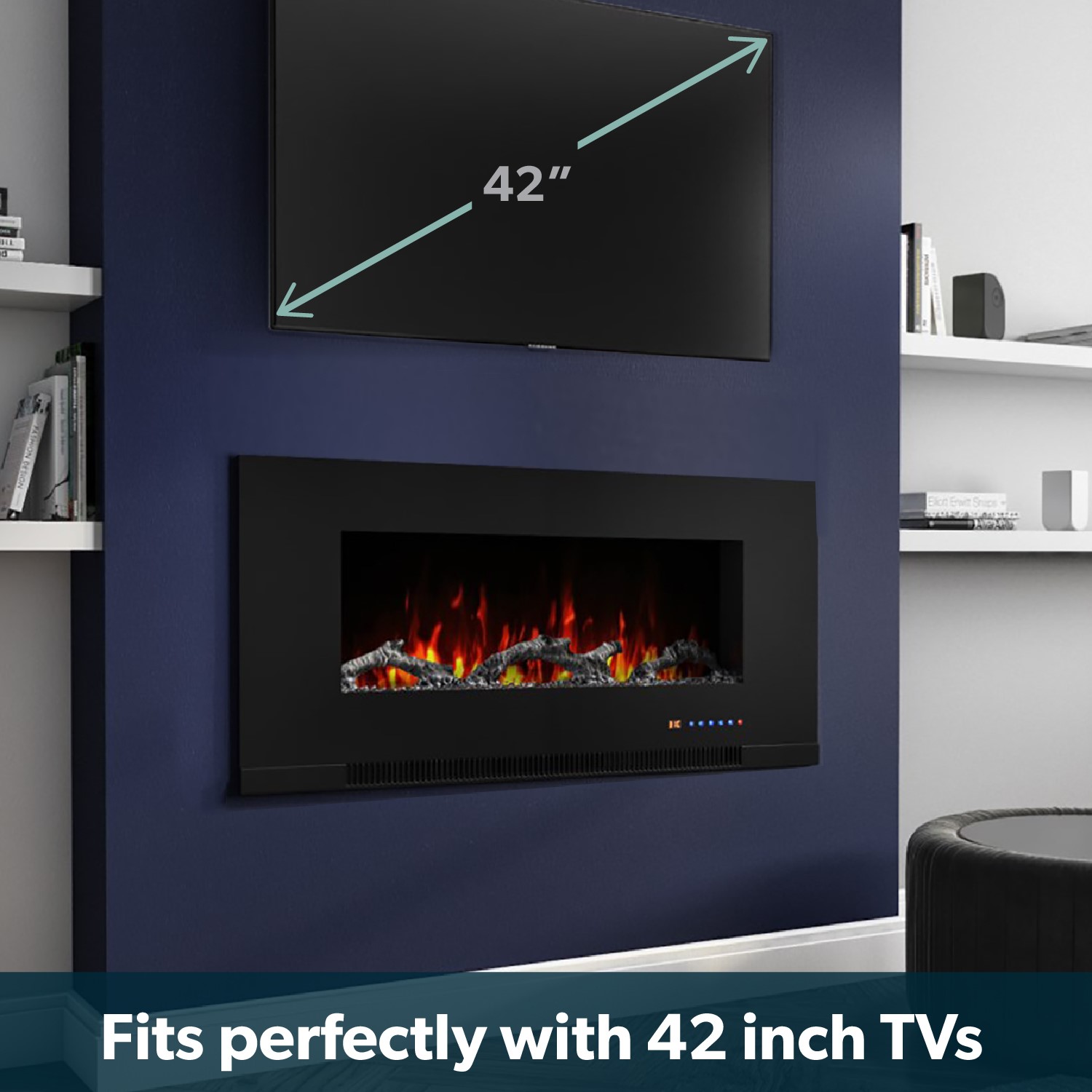 Black Wall Mounted or Recessed Electric Fire with Log and Crystal Fuel ...