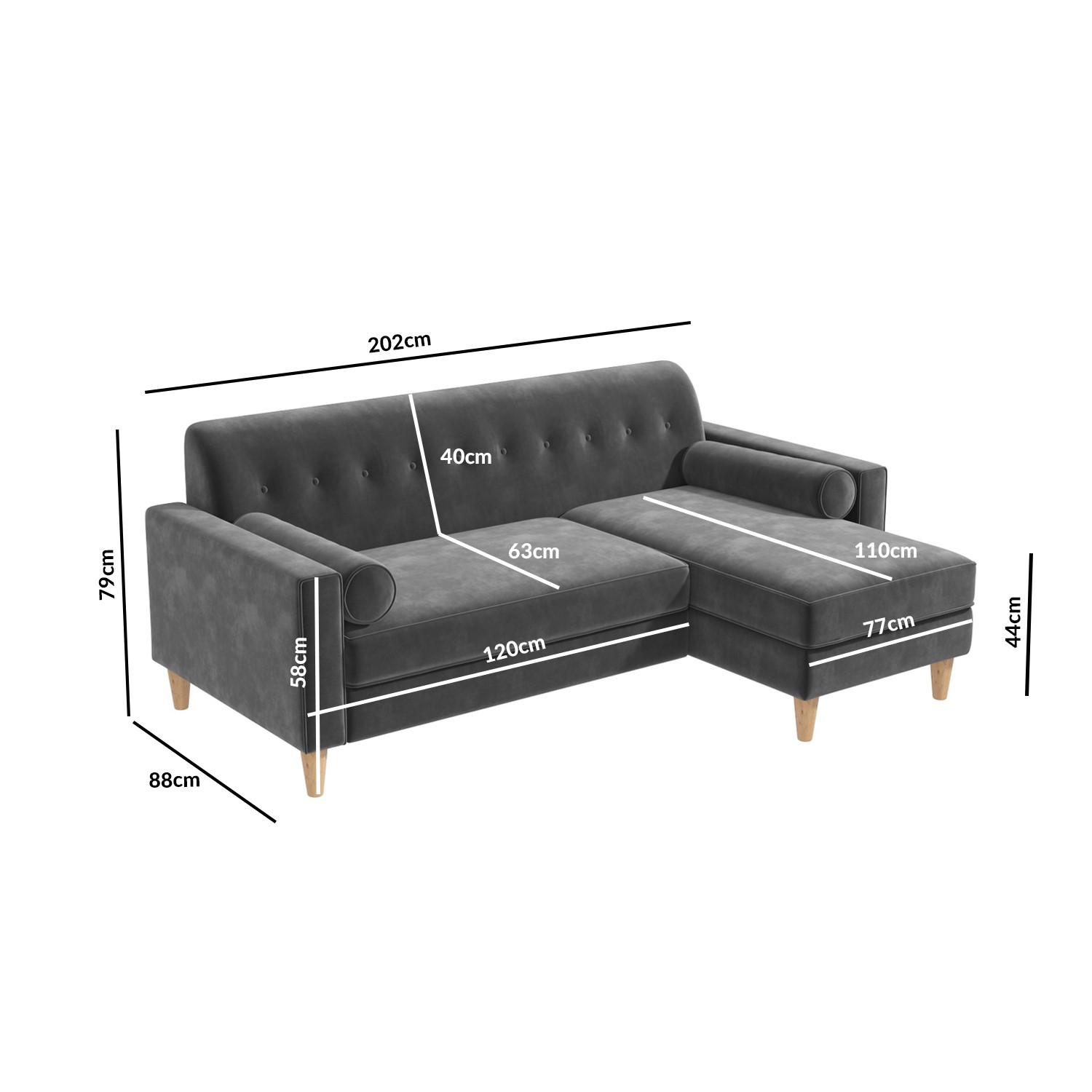 Grey Velvet Right Hand L Shaped Sofa - Seats 3 - Idris - Furniture123