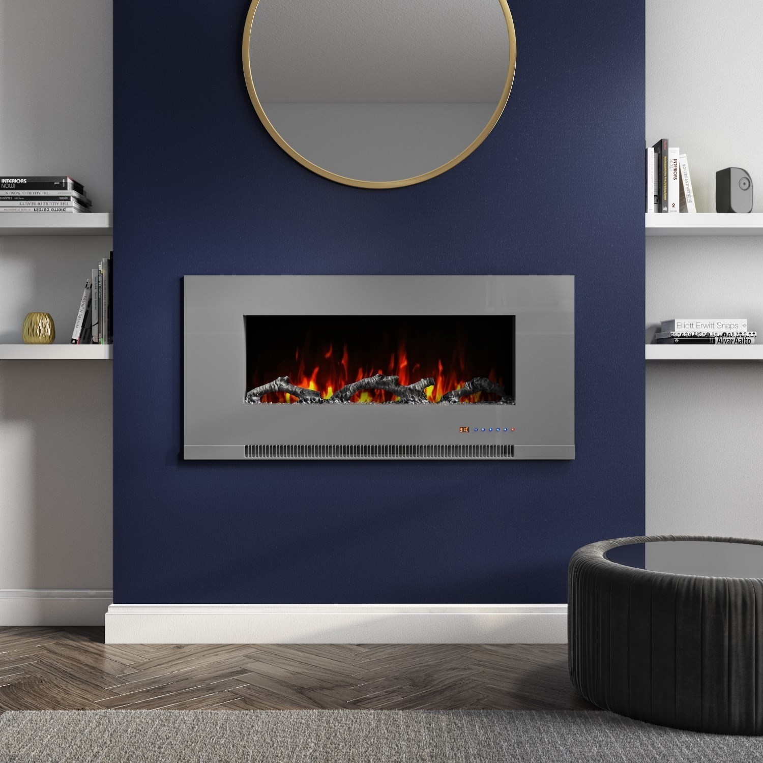 Grey Wall Mounted or Inset Electric Fire with Log and Crystal Fuel Bed ...