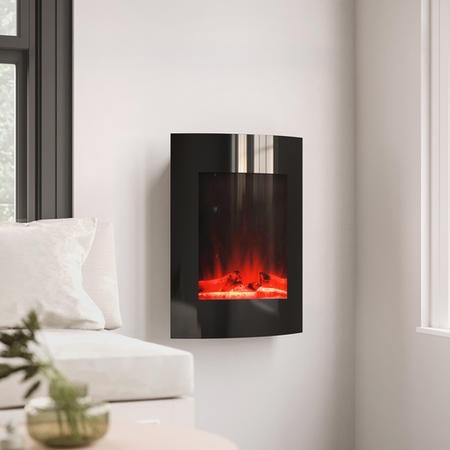 Black Wall Mounted Curved Vertical Electric Firelplace Media Wall with ...
