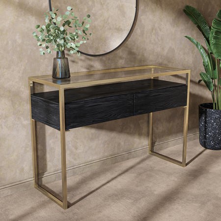 Large Black Glass Top Console Table with Drawers Gold Legs Akila Furniture123