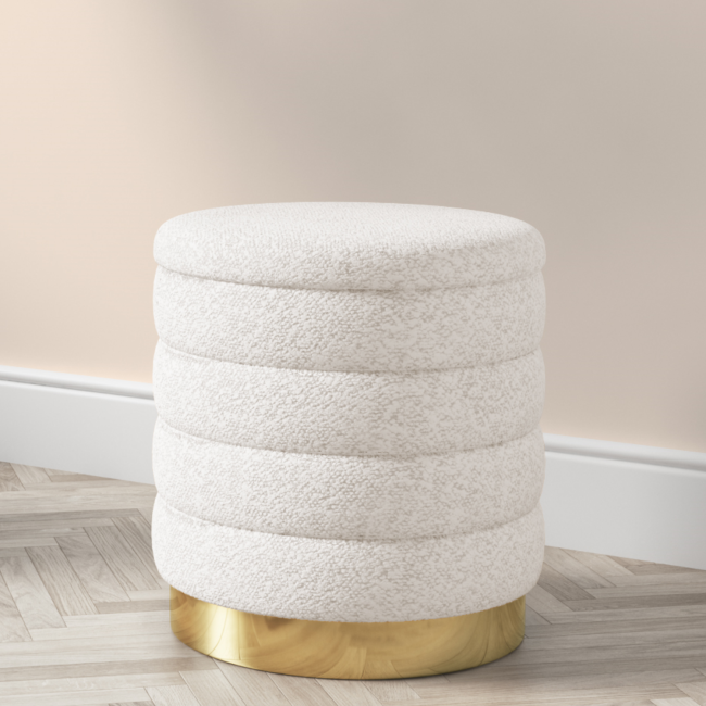 Round Pouffe Stool Upholstered in Cream Boucle Fabric - Astrid ...