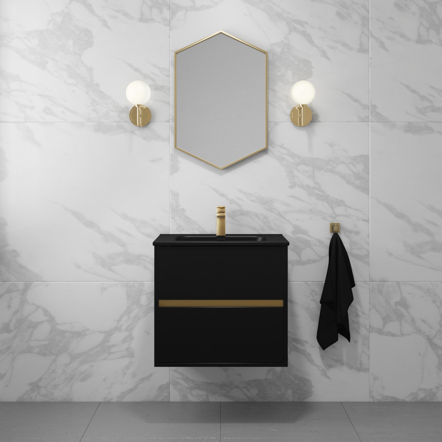 Grade A2 - 600mm Black Wall Hung Vanity Unit with Matt Black Basin ...