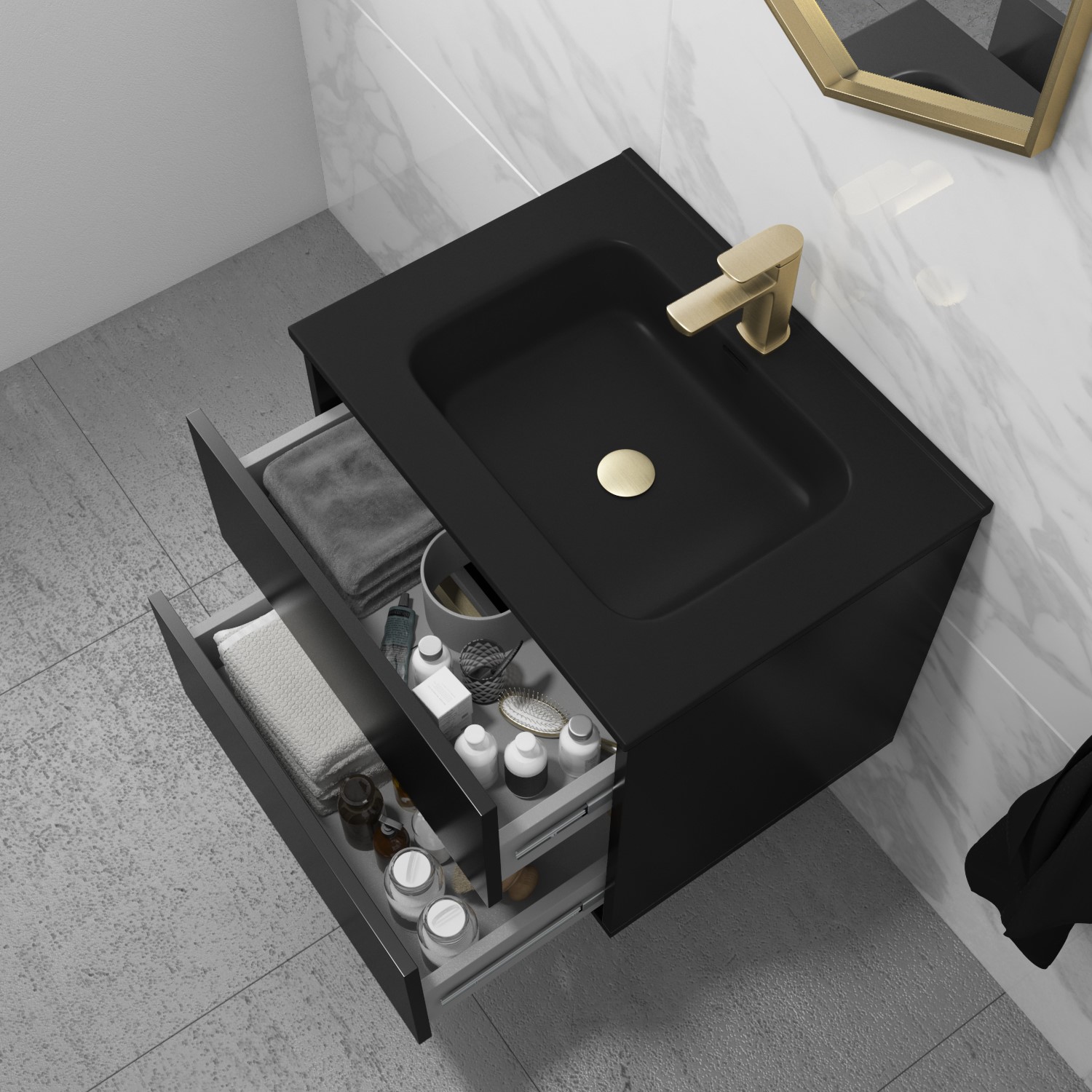 Grade A2 - 600mm Black Wall Hung Vanity Unit with Matt Black Basin ...