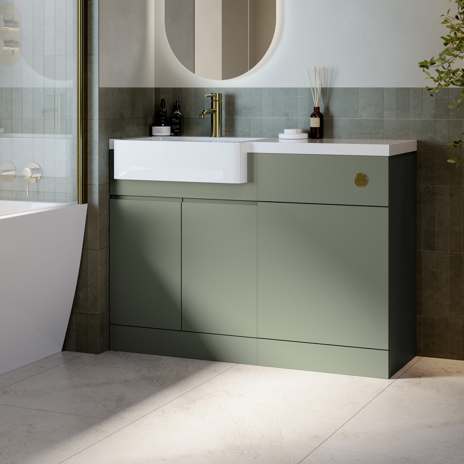 1100mm Green Left Hand Toilet and Sink Unit with Brass Fittings - Unit ...