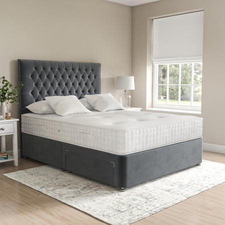 Grey Velvet King Size Divan Bed with 2 Drawers and Chesterfield Headboard Langston Furniture123