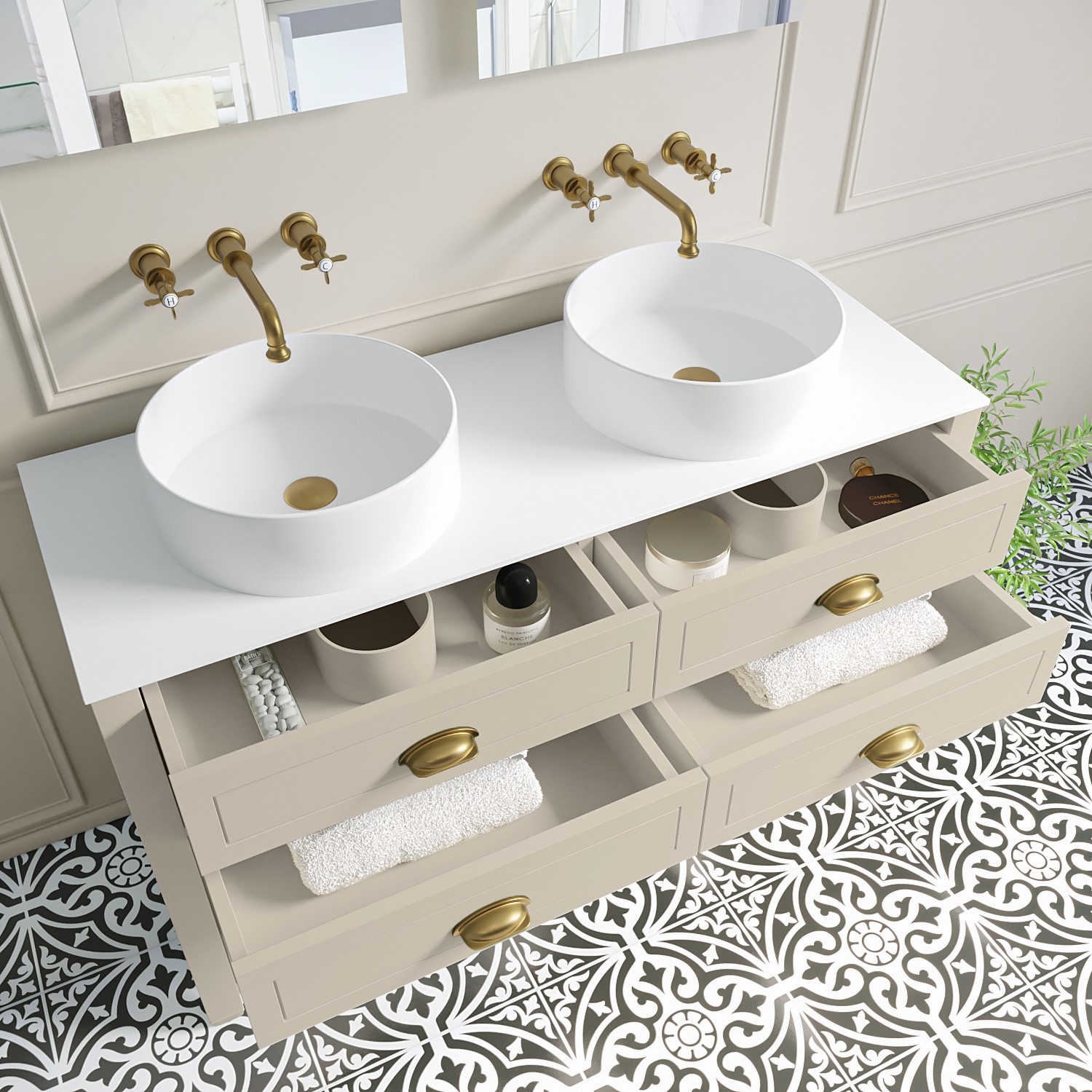 1250mm Beige Traditional Freestanding Vanity Unit with Brass Handles ...