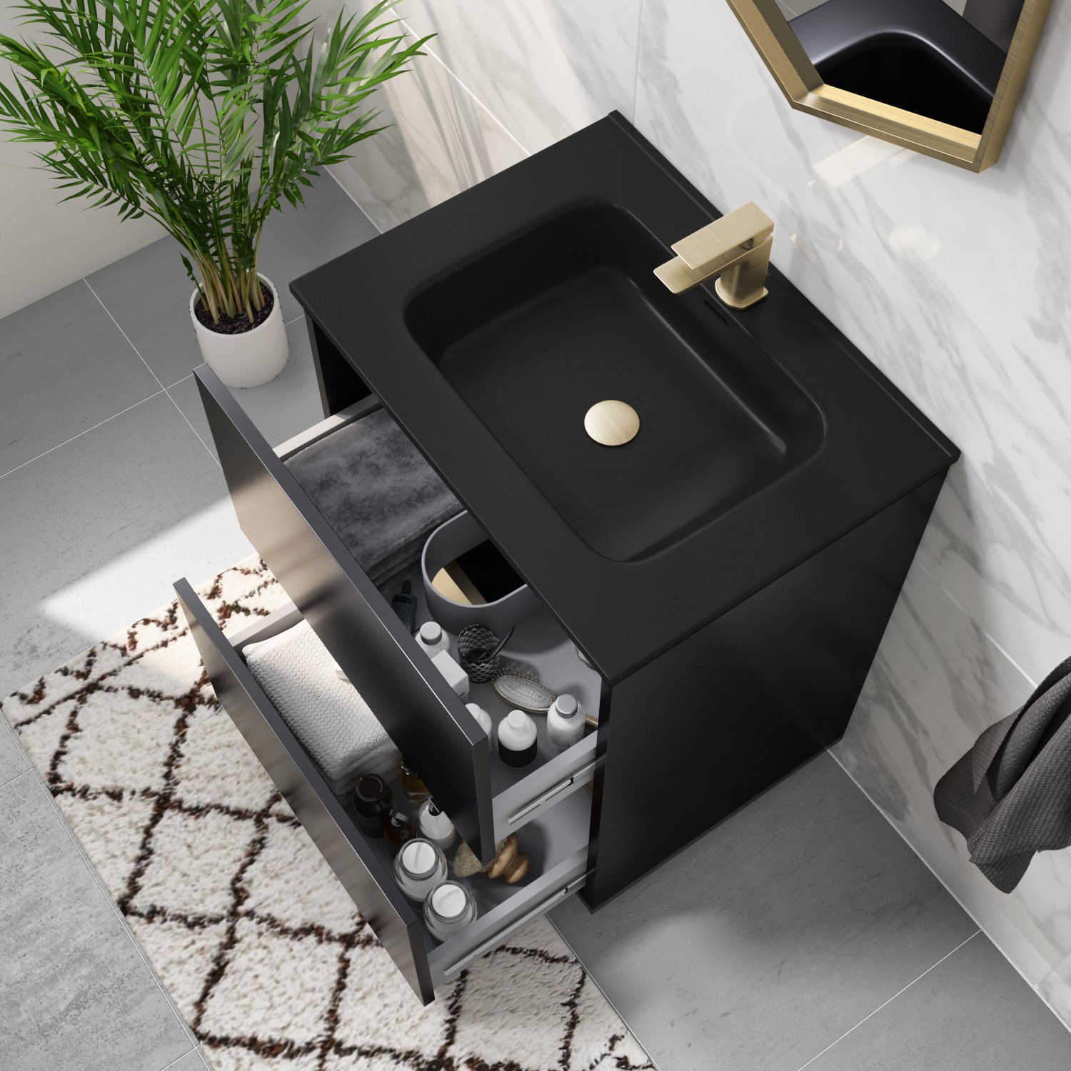 Grade A2 - 600mm Black Freestanding Vanity Unit with Matt Black Basin ...