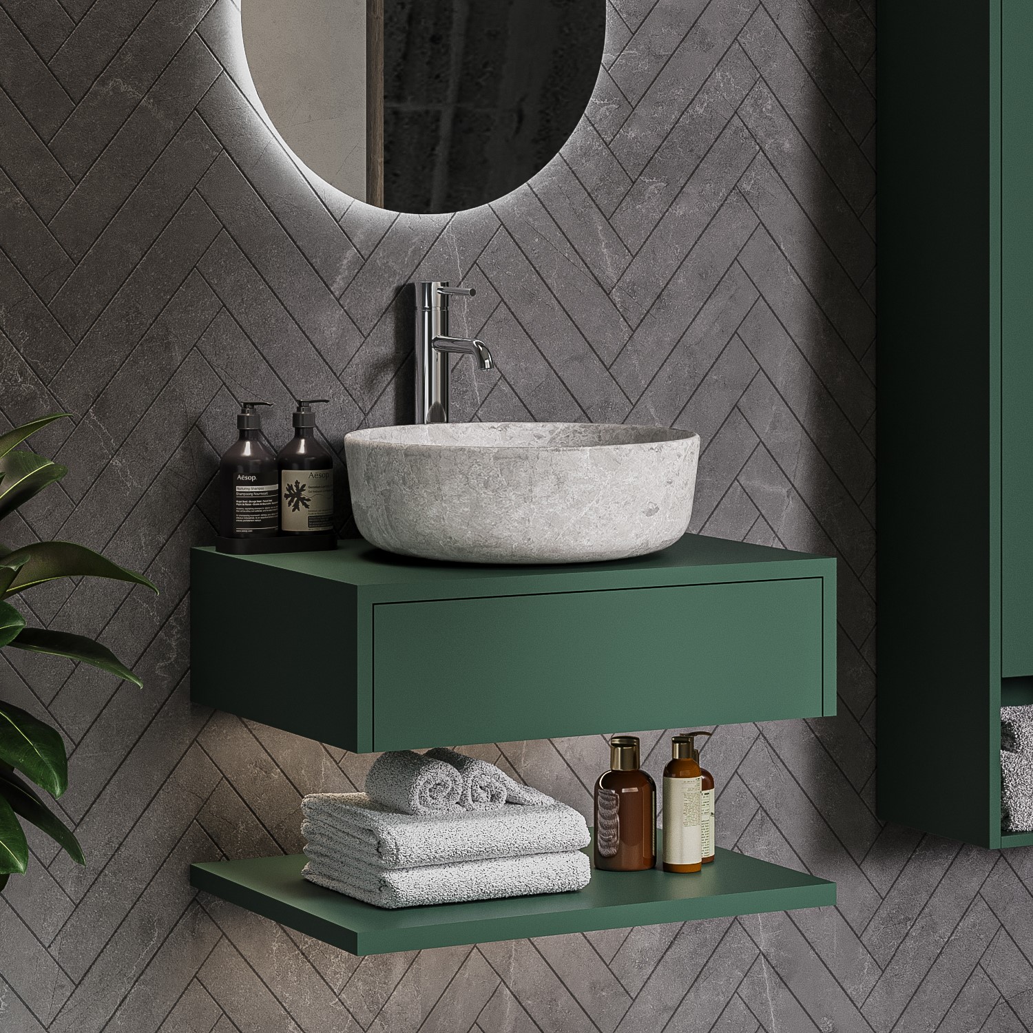 600mm Green Wall Hung Countertop Vanity Unit with Stone Effect Basin ...