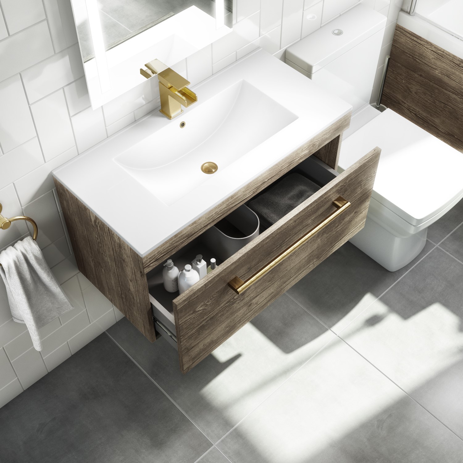 800mm Wood Effect Wall Hung Vanity Unit with Basin and Brushed Brass ...