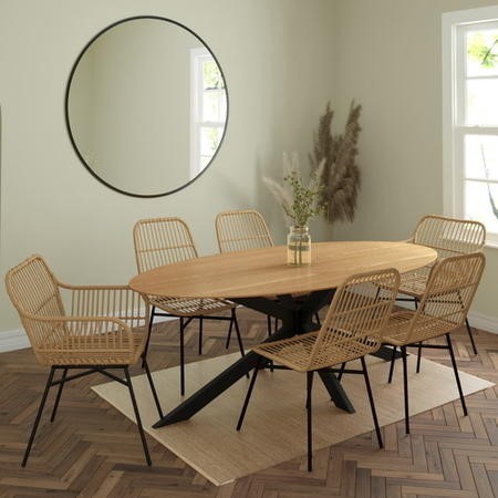 Carson Oak Oval Dining Table with 6 Rattan Dining Chairs - Furniture123