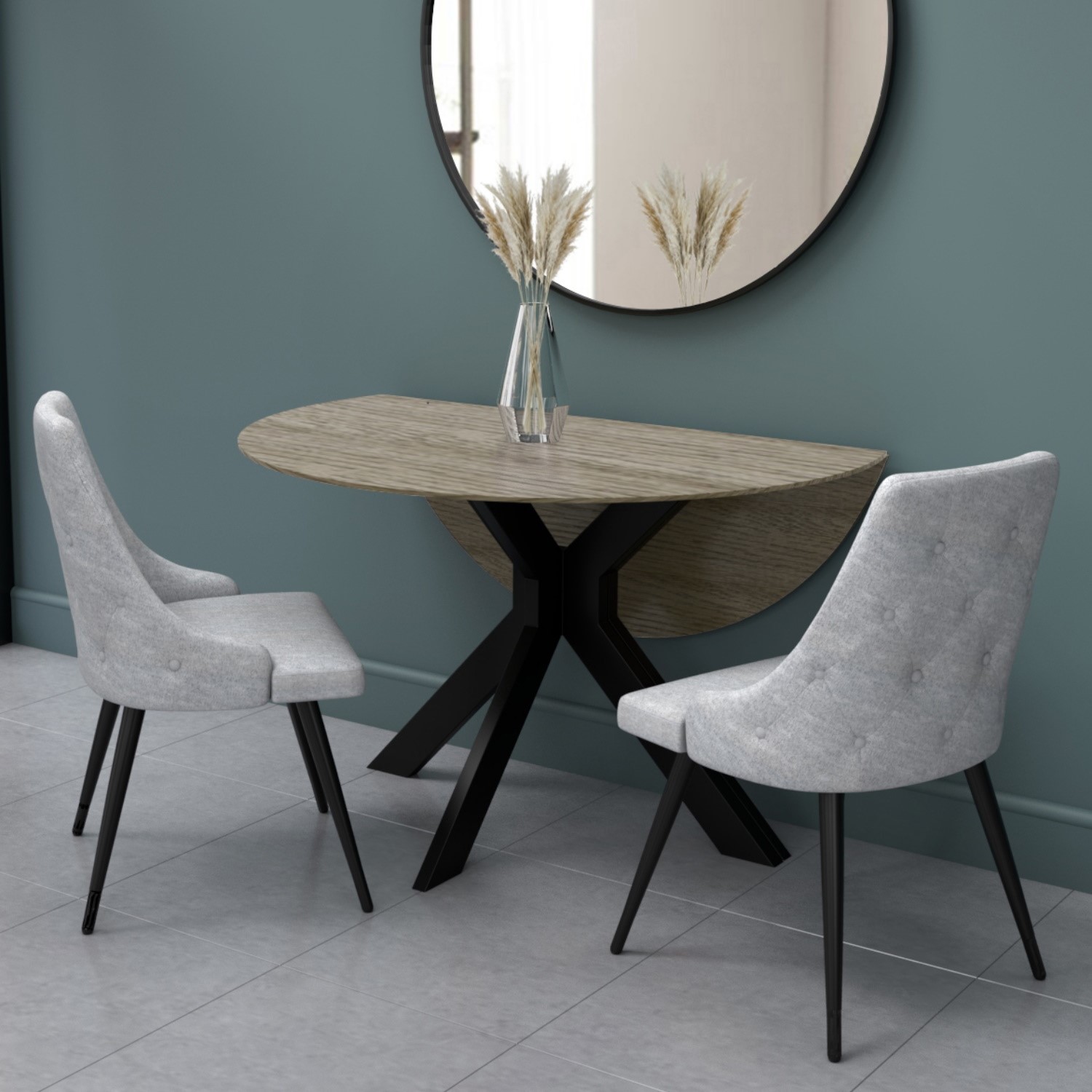 Round Grey Drop Leaf Dining Table with 2 Grey Fabric Dining Chairs ...