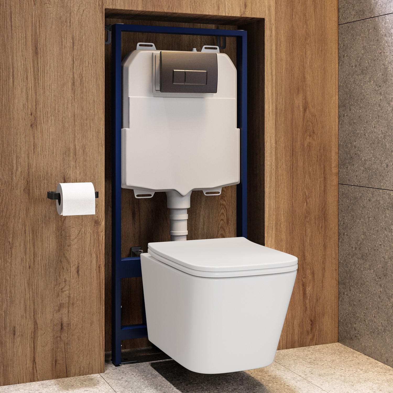 Wall Hung Toilet with Soft Close Seat, Gunmetal Flush Plate, 1168mm ...