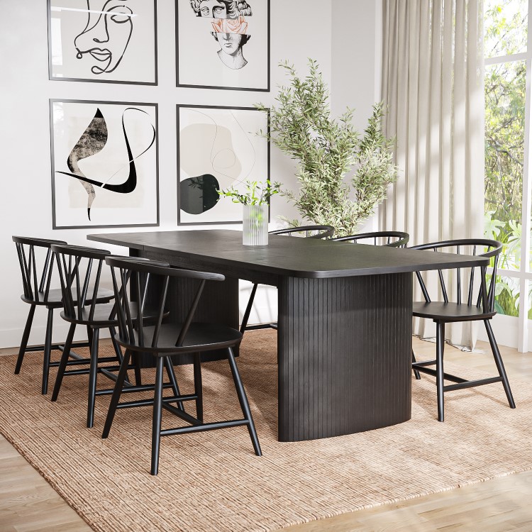Black Oak Extendable Dining Table Set with 6 Black Spindle Back Chairs ...