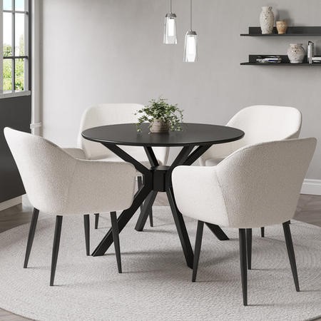 Round Black Dining Table Set with 4 Cream Boucle Chairs - Seats 4 ...
