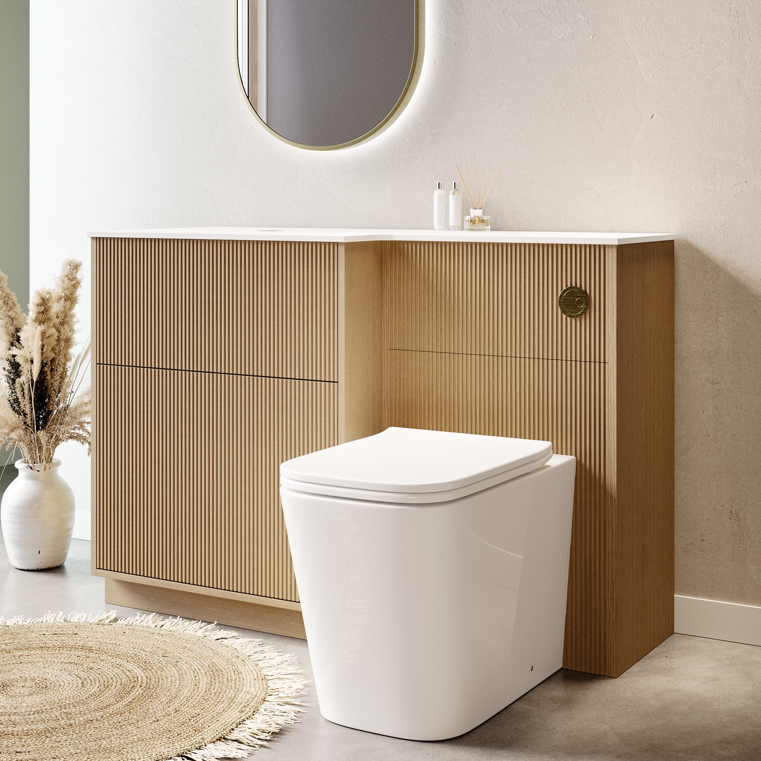 1150mm Wooden Fluted Left Hand Toilet and Sink Unit with Square Toilet ...