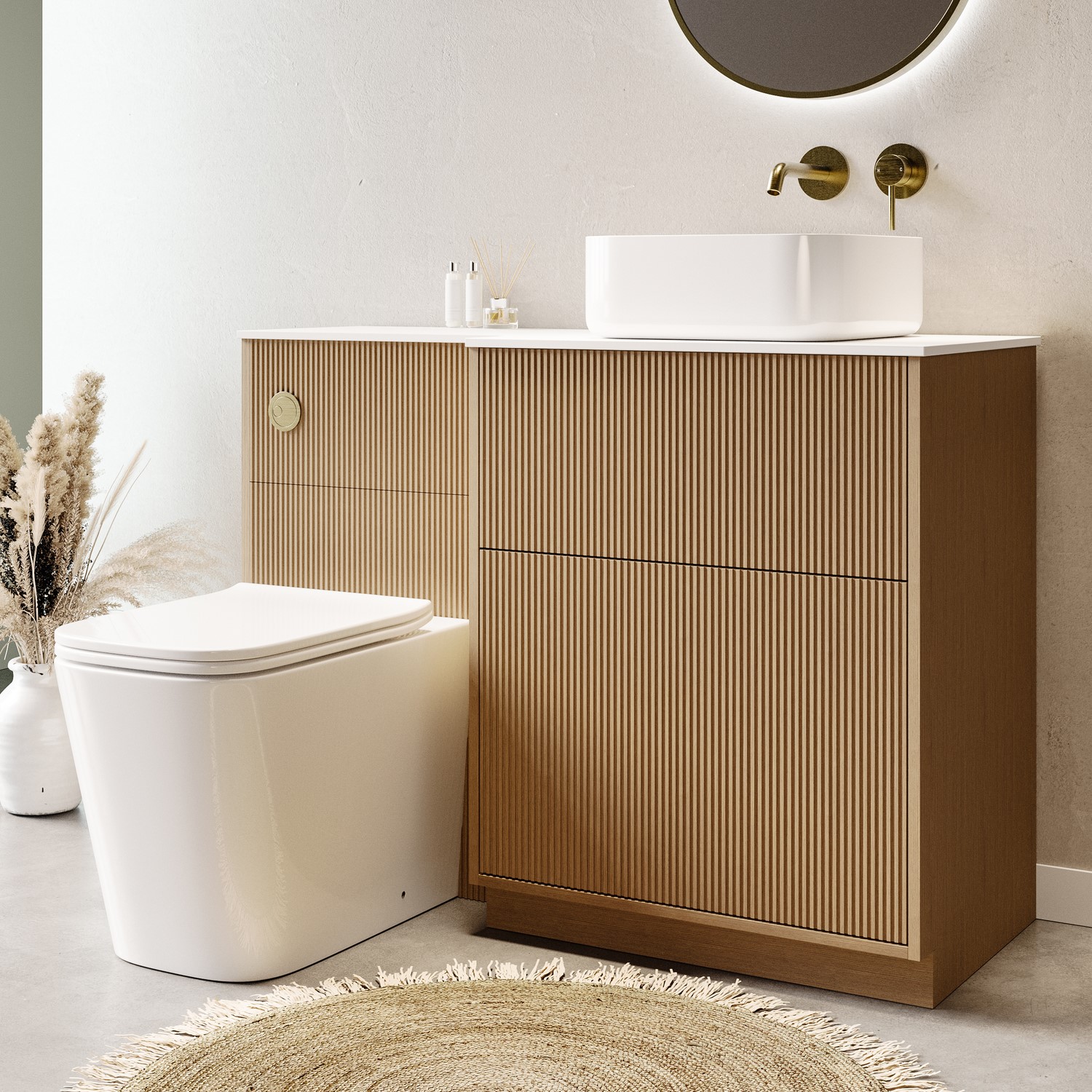 1150mm Wooden Fluted Right Hand Toilet and Sink Unit with Square Toilet ...
