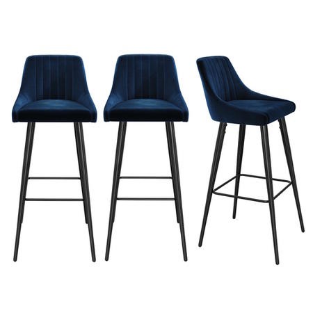 Set of 3 Navy Blue Velvet Bar Stools with Backs - Macie - Furniture123