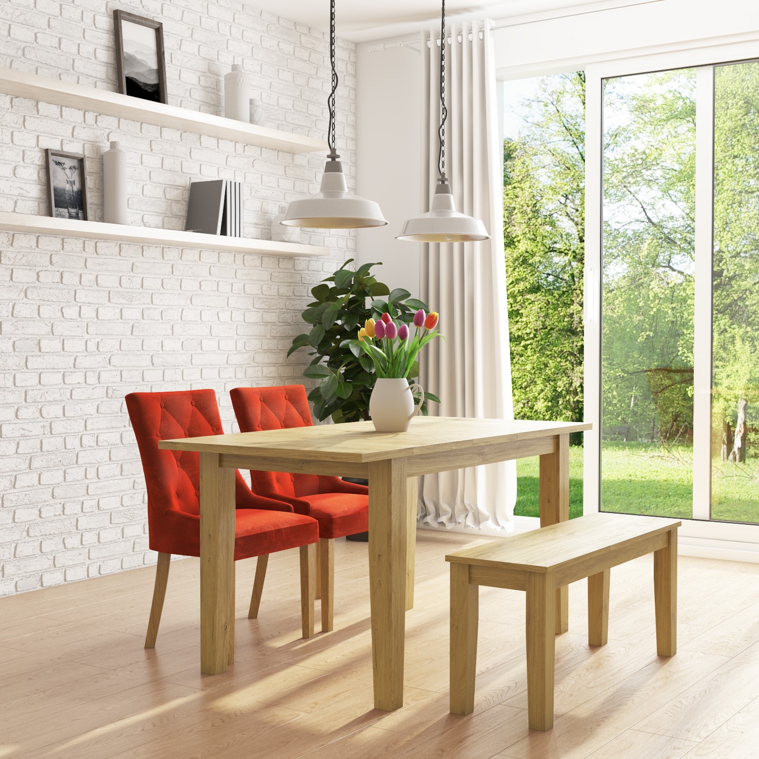 New Haven Oak Extendable Dining Set with 2 Orange Velvet Dining Chairs ...