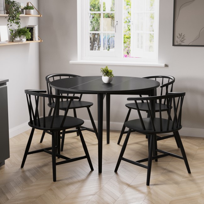 Round Black Folding Drop Leaf Dining Table with 4 Curved Wooden Spindle ...