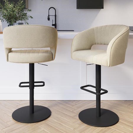 Set of 2 Beige Upholstered Adjustable Swivel Curved Bar Stools with ...