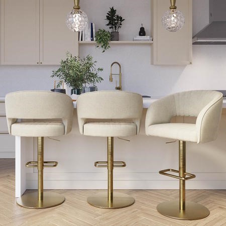 Set Of 3 Curved Beige Upholstered Adjustable Swivel Bar Stools with ...