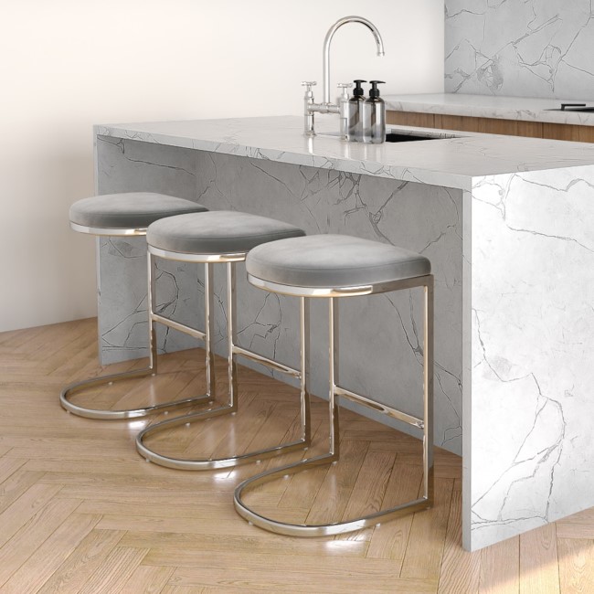 Set of 3 Grey Velvet Kitchen Stools - 66cm - Stella - Furniture123