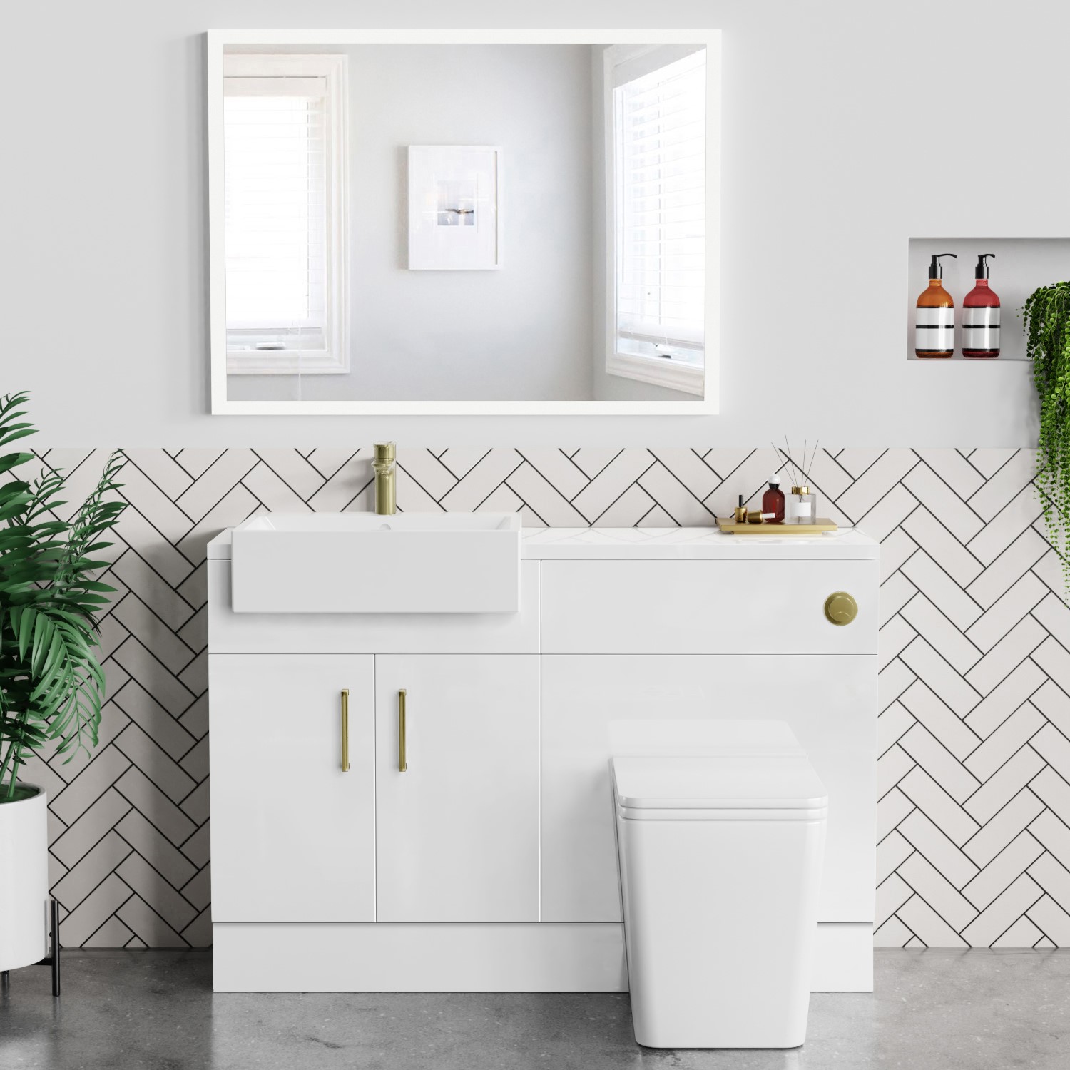 1200mm White Toilet and Sink Unit with Gloss Worktop and Brushed Brass ...