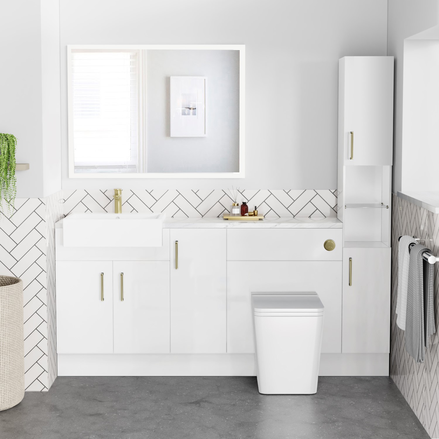 1800mm - 2100mm White Toilet and Sink Unit with Tall Cabinet Marble ...
