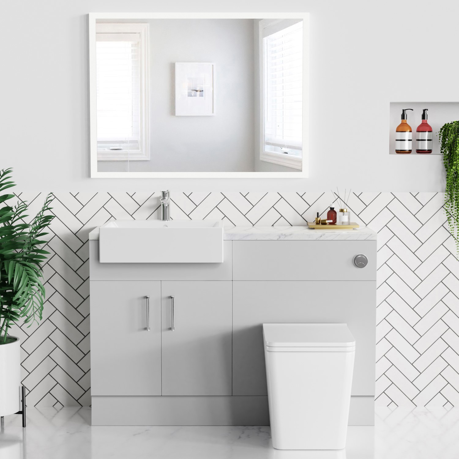 1200mm Grey Toilet and Sink Unit with Marble Effect Worktop and Chrome ...