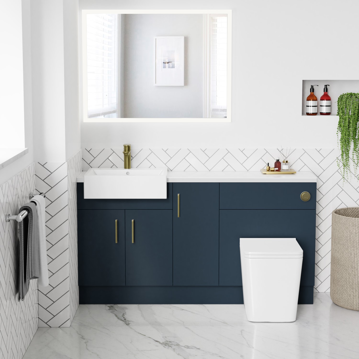 1500mm - 1800mm Blue Toilet and Sink Unit with Matt Worktop and Brushed ...