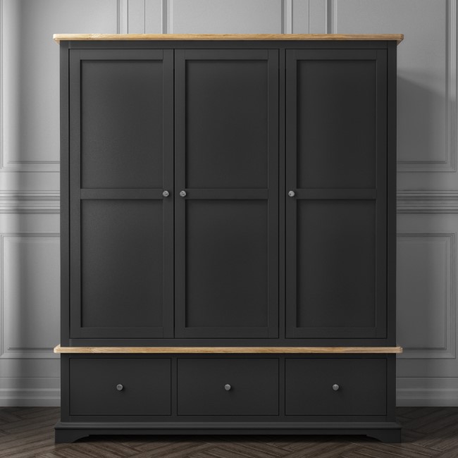 Darley Dark Grey Triple Wardrobe in Solid Oak with Drawers - Furniture123