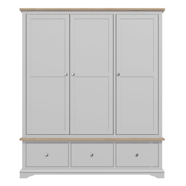 Grey Solid Oak 3 Door Triple Wardrobe with Drawers - Darley - Furniture123