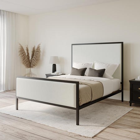 Beige Upholstered Double Bed with Black Metal Frame - Alexandra ...