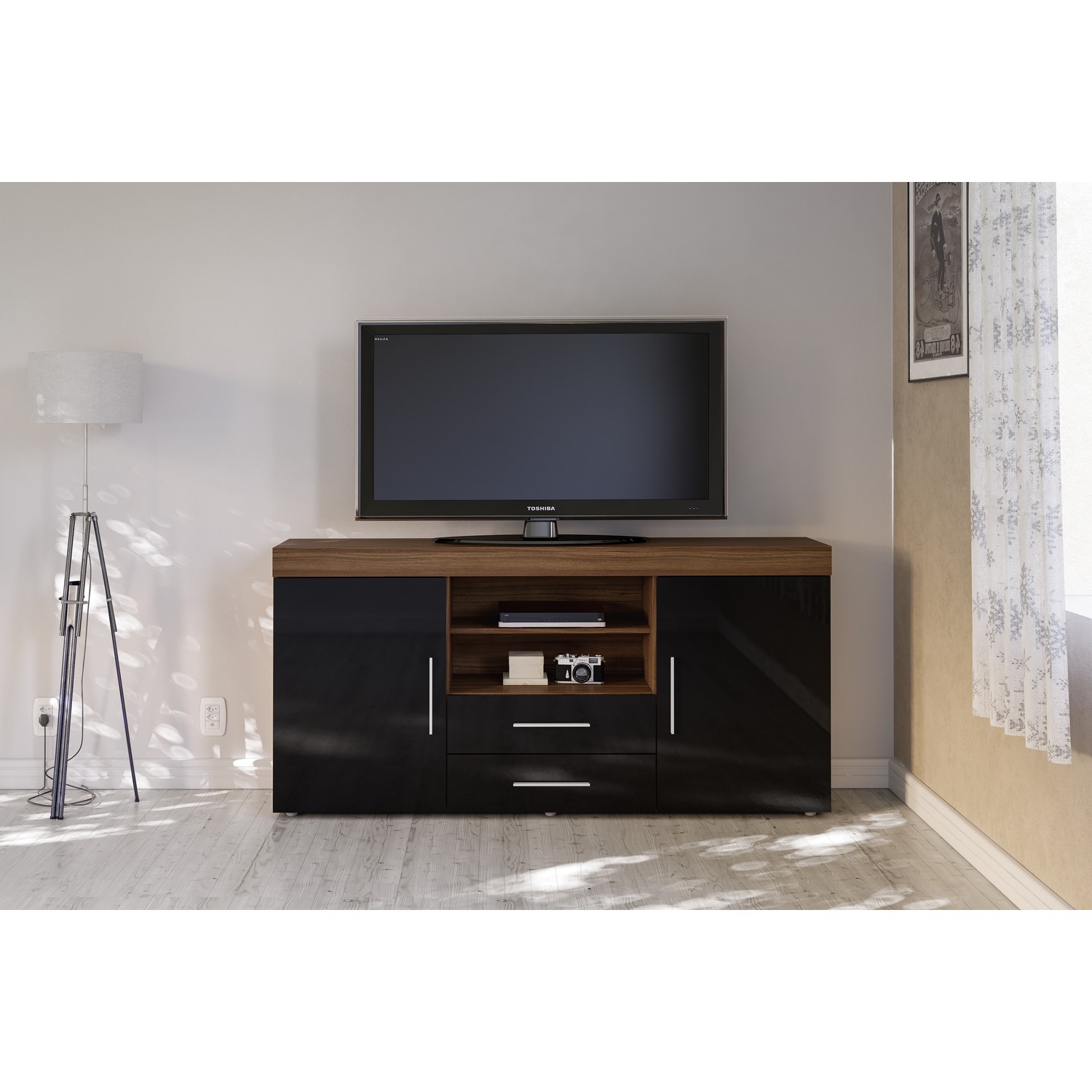 Birlea Edgeware TV Entertainment Unit in Walnut and Black - Furniture123