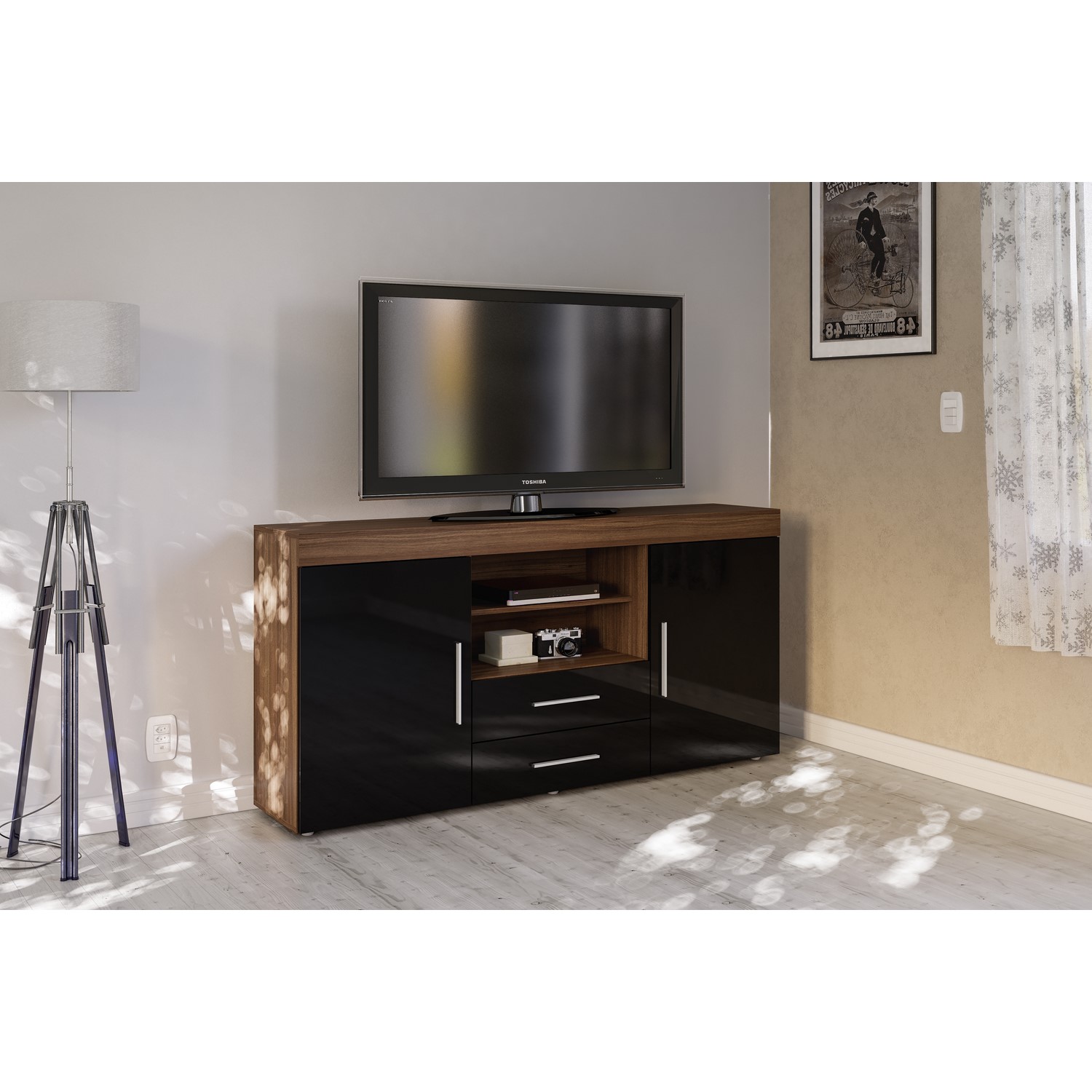 Birlea Edgeware TV Entertainment Unit in Walnut and Black - Furniture123