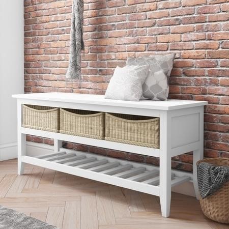 Elms Bench Shoe Rack with Seat & Wicker Baskets in White - Furniture123