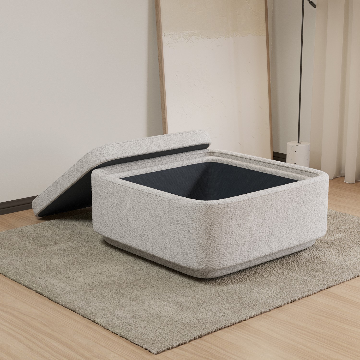 Large Cream Boucle Footstool with Storage - Elvi - Furniture123