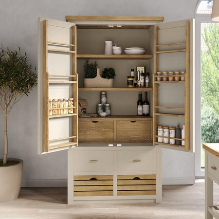 Beige Double Freestanding Kitchen Larder Pantry Cupboard with Oak Crate Drawers Emilia Furniture123
