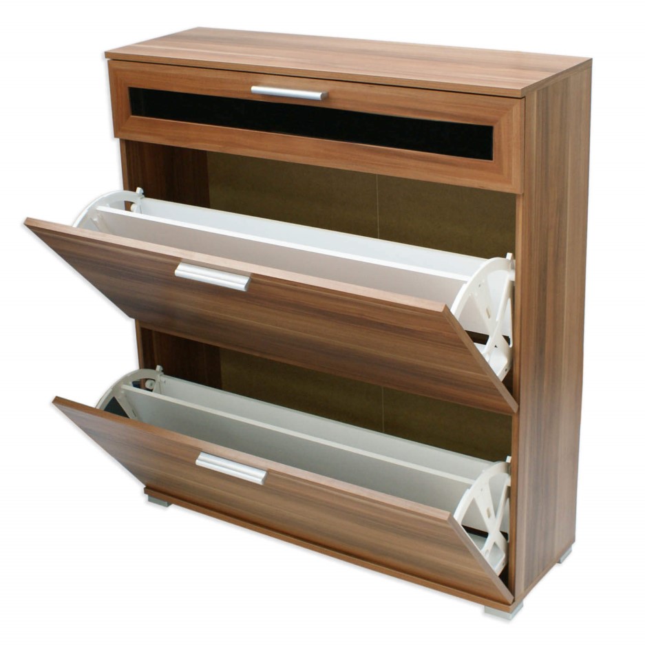 Alaska Narrow Walnut Shoe Storage Cabinet with 2 Shoe Rack Tilting ...