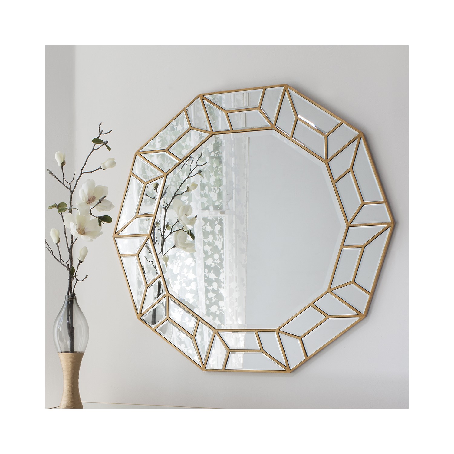 Celeste Decagon Wall Hanging Mirror with Gold Trim - Furniture123