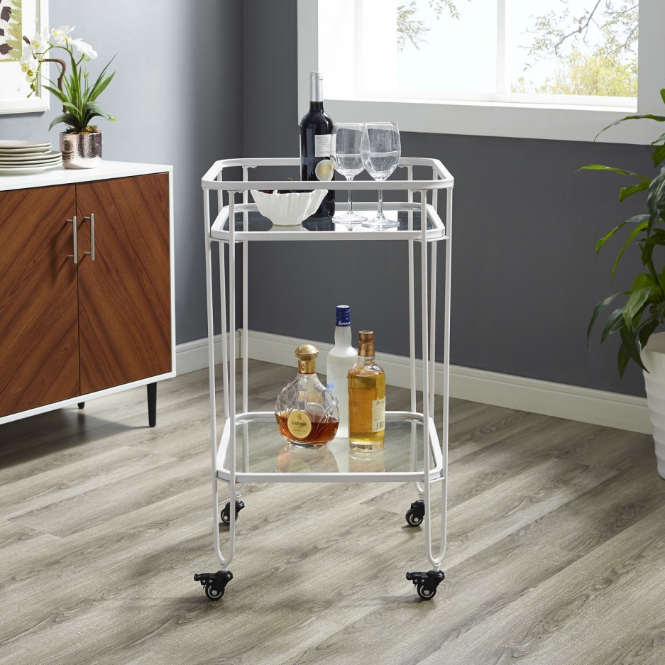 White Metal Drinks Trolley with Glass Shelves - Foster | Furniture123