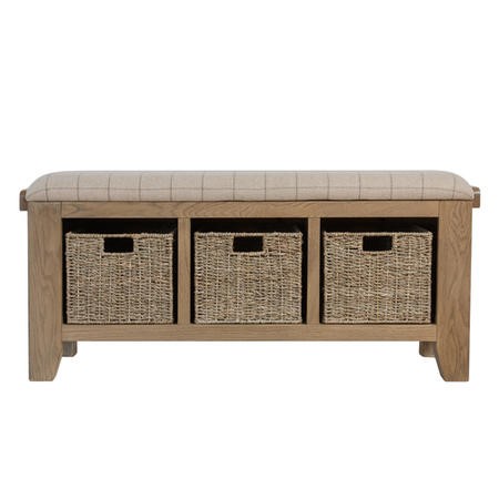 Smoked Oak Hall Bench with Wicker Baskets - Furniture123