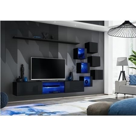 Black Floating TV Unit with LED Lighting & Open Shelves - Neo ...