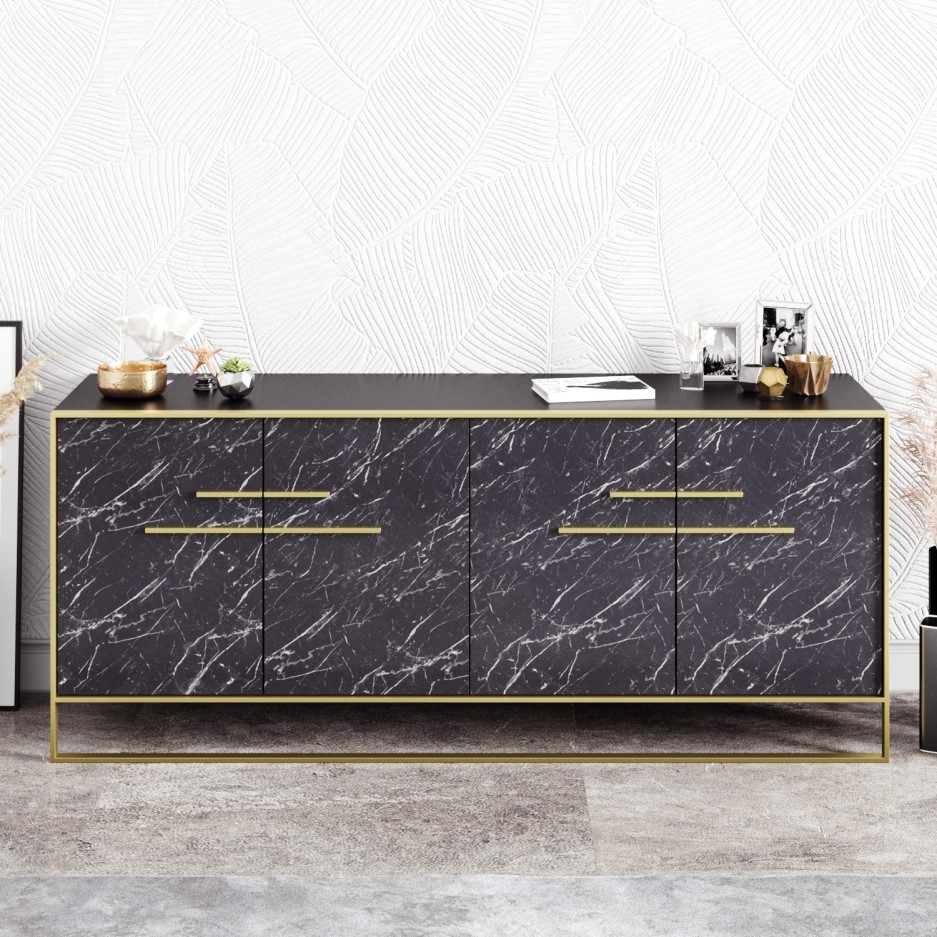 Black Marble Effect Large Sideboard with Gold Details | Furniture123