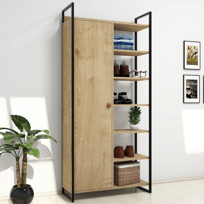 Pale Wooden Tall Hallway Unit with Shelving & Black Metal Frame ...