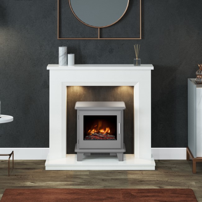 White and Grey Marble Electric Fireplace Suite with LED Lights - Be ...