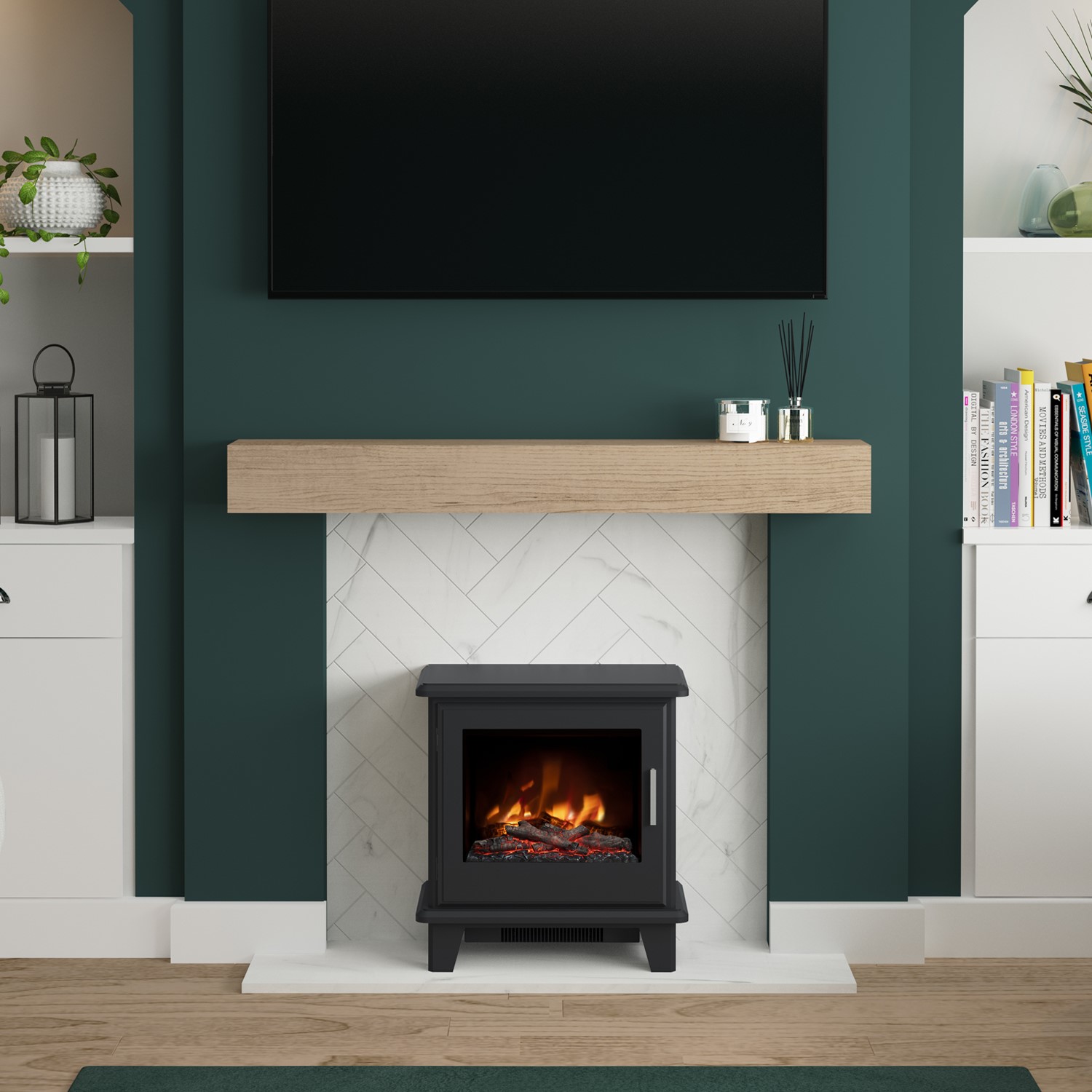 Log Effect Electric Fireplace Suite with White Hearth & Grey Back Panel ...